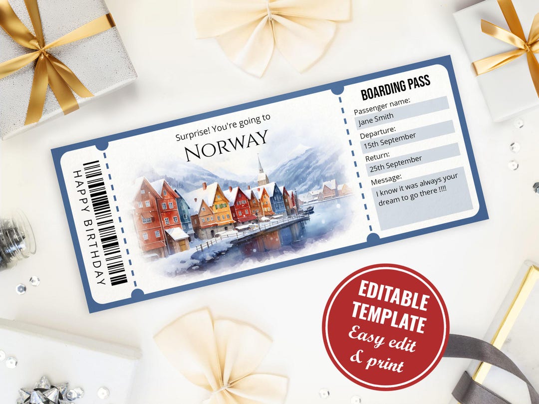 Editable Norway Boarding Ticket Template, Watercolor Surprise Norway ...