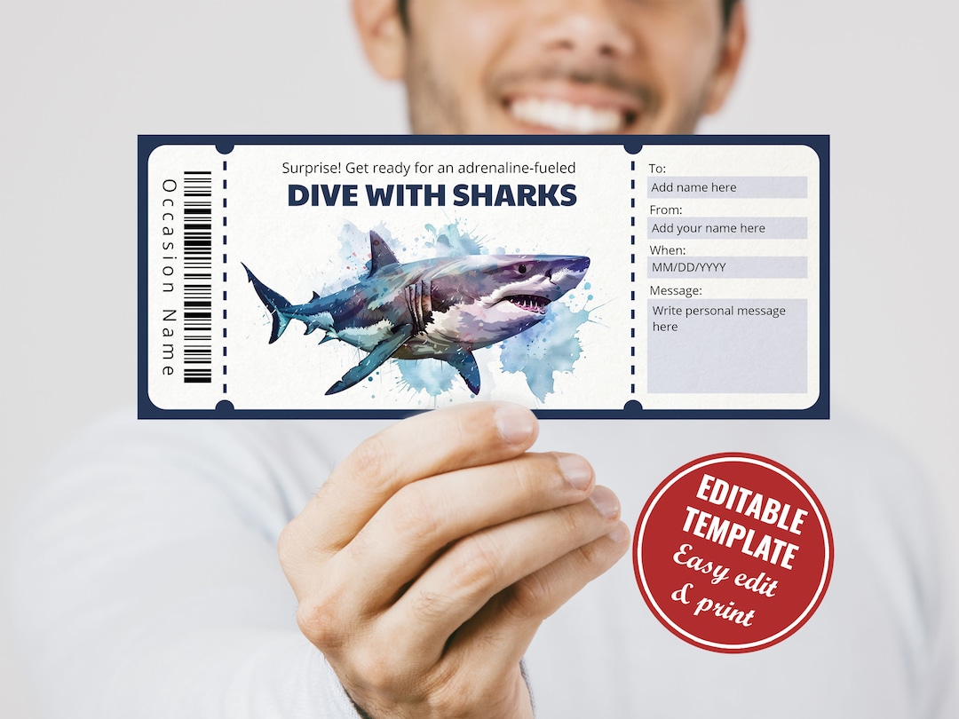 Editable Dive With Sharks Ticket Gift Certificate Template, Surprise ...