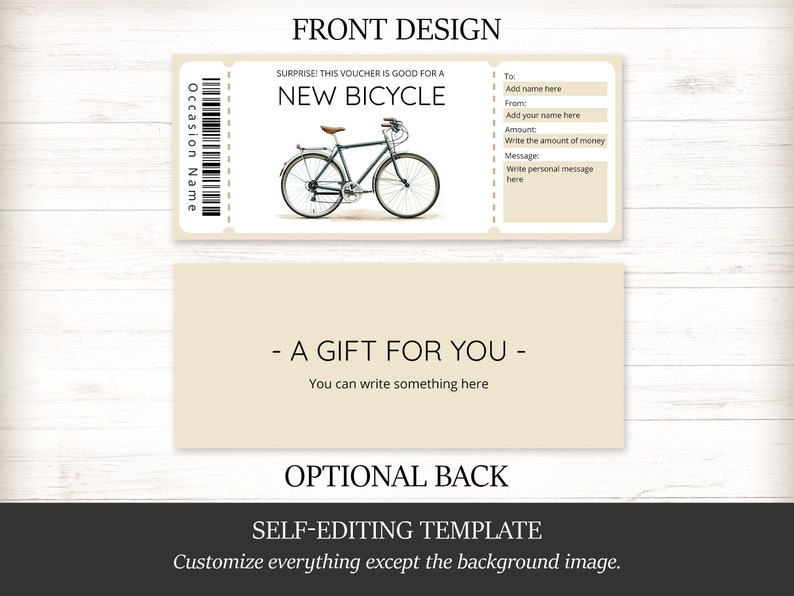 Editable New Bicycle Gift Voucher Personalized Template, Surprise ...