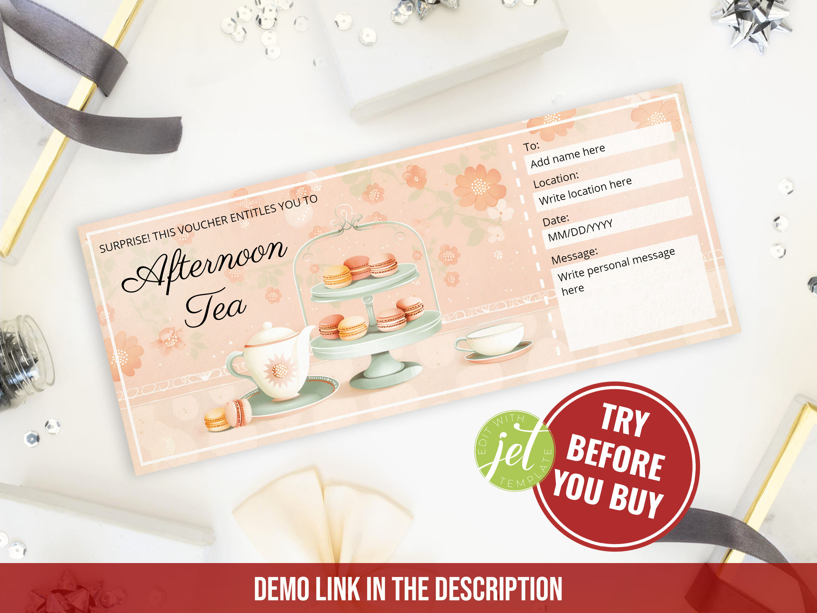 Editable Afternoon Tea Gift Certificate Template for Mom, Surprise ...