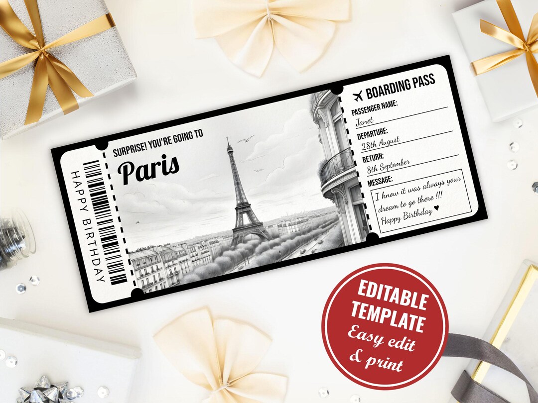 Editable Paris Boarding Pass Template, Printable Surprise Trip Reveal ...