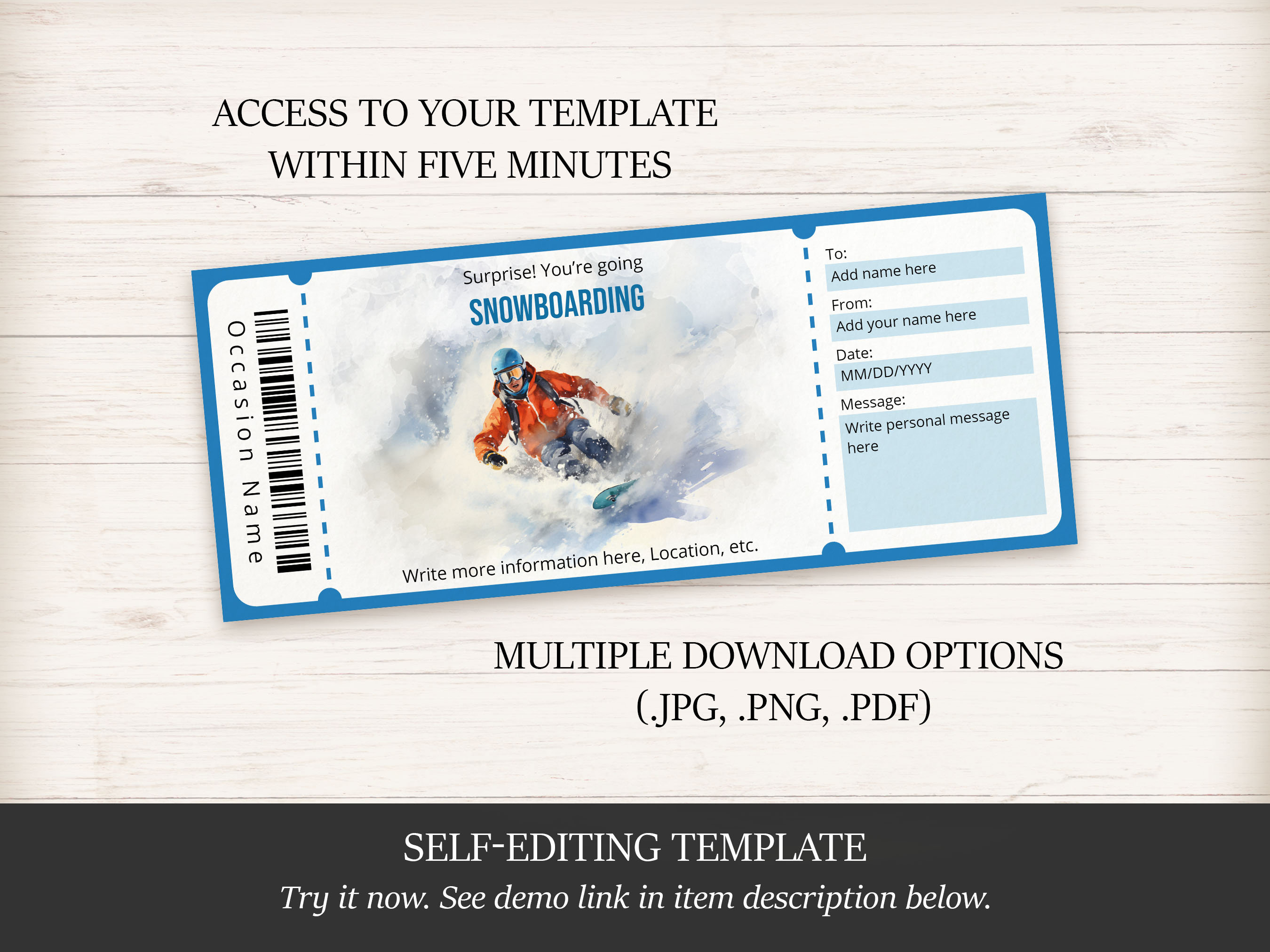 Snowboarding Ticket Voucher Template for Winter Sports Lover, Editable ...