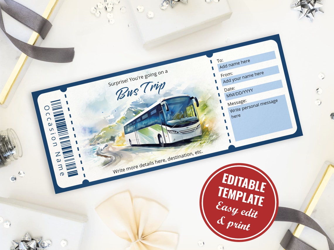 Editable Watercolor Bus Ticket Template, Coach Ticket Surprise Gift ...