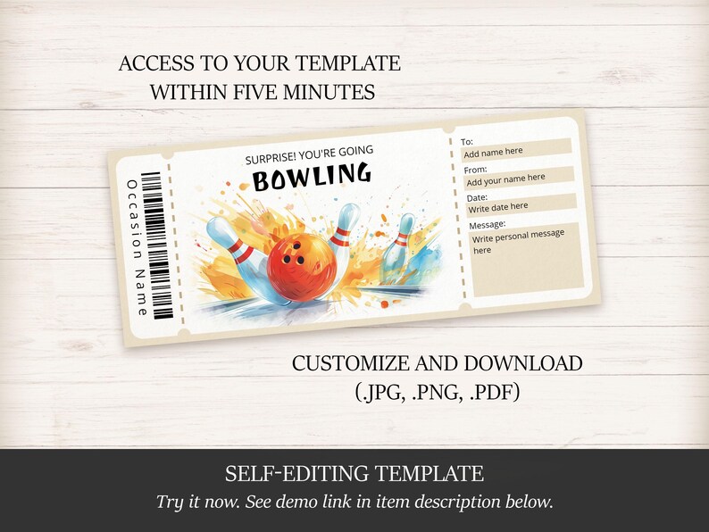 Editable Bowling Gift Certificate Template for Bowling Lover, Printable ...