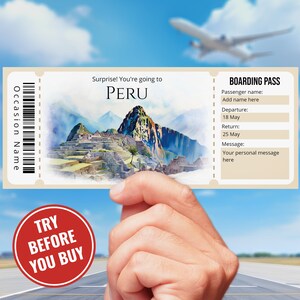 Editable Peru Boarding Pass Template, Watercolor Surprise Peru Trip ...