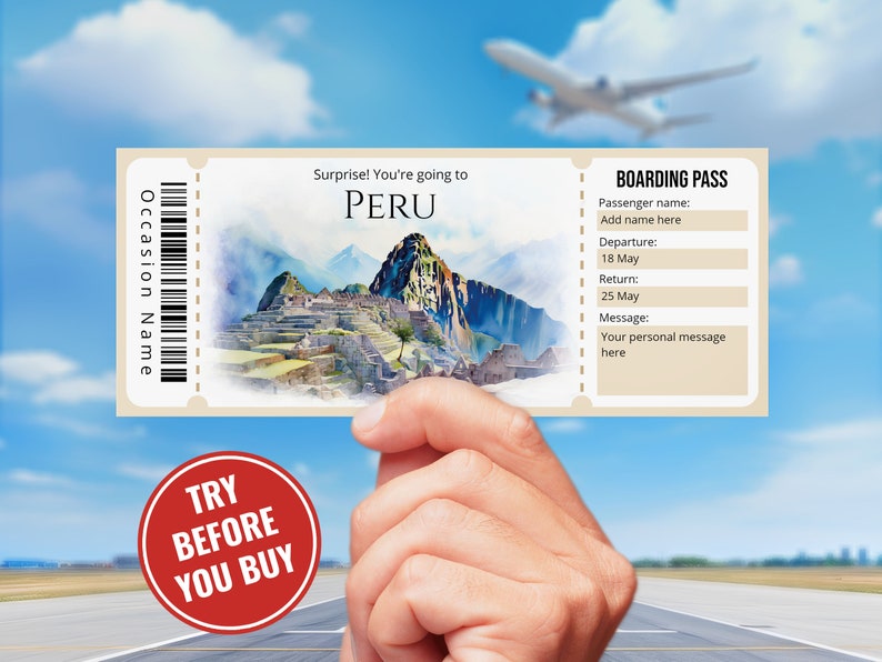 Editable Peru Boarding Pass Template, Watercolor Surprise Peru Trip ...