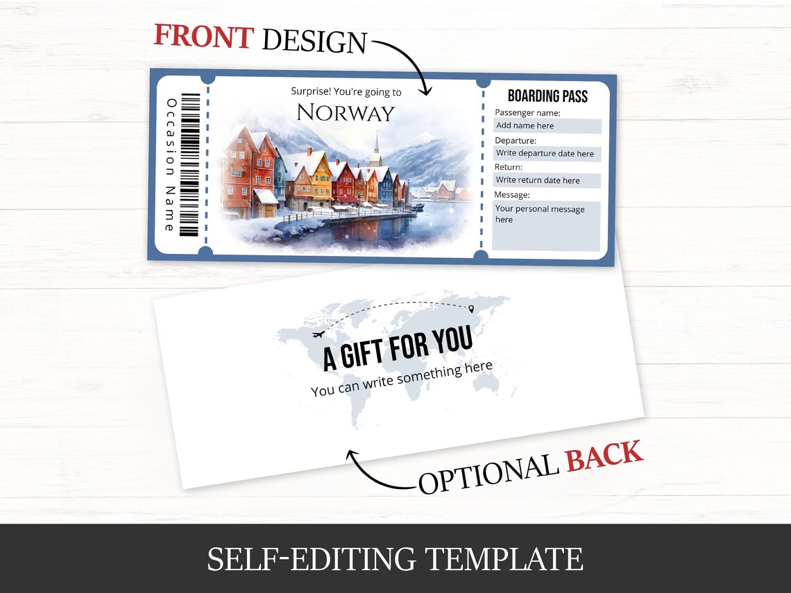 Editable Norway Boarding Ticket Template, Watercolor Surprise Norway ...