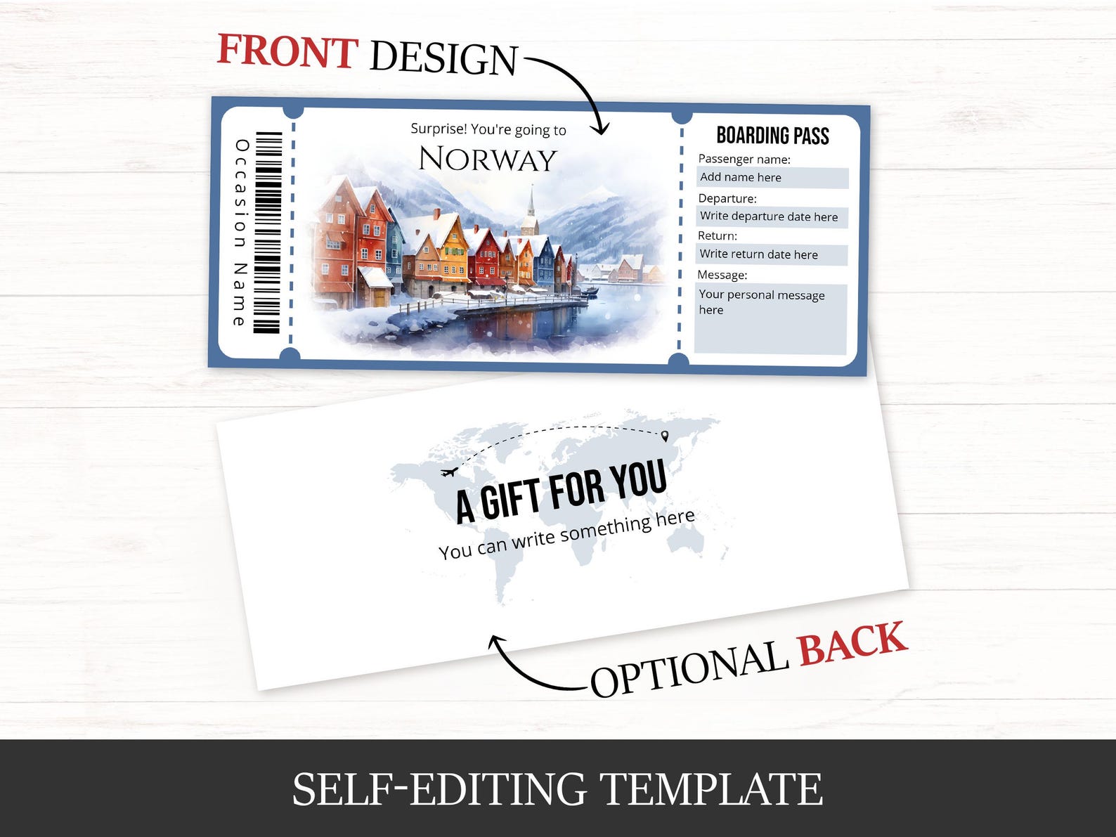Editable Norway Boarding Ticket Template, Watercolor Surprise Norway ...