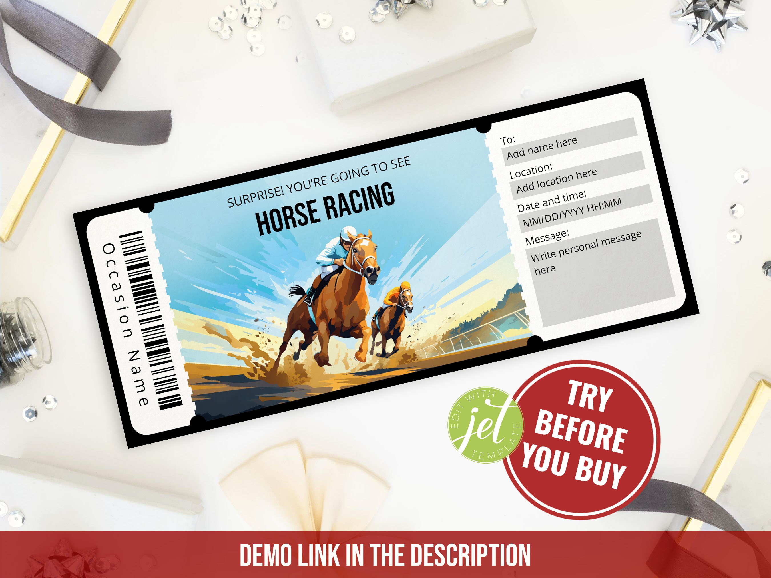 Surprise Horse Racing Ticket Template, Customizable and Printable Horse ...