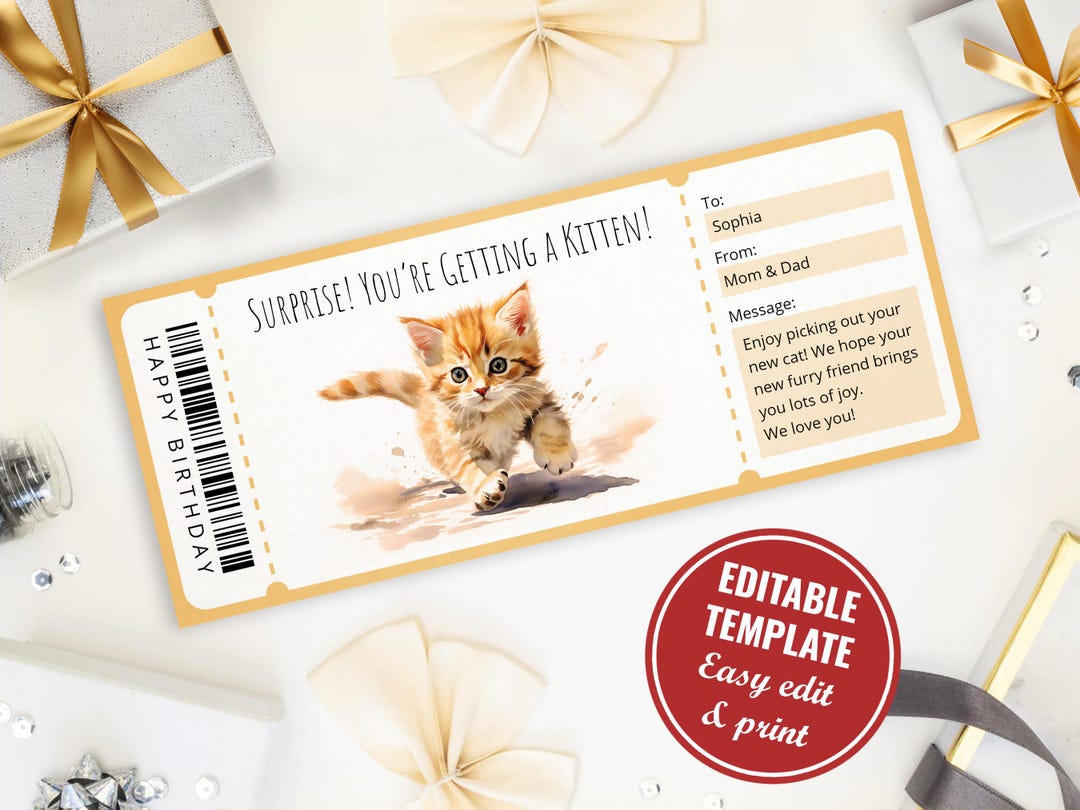 Editable Kitten Gift Certificate Template for Cat Lover, Personalized ...