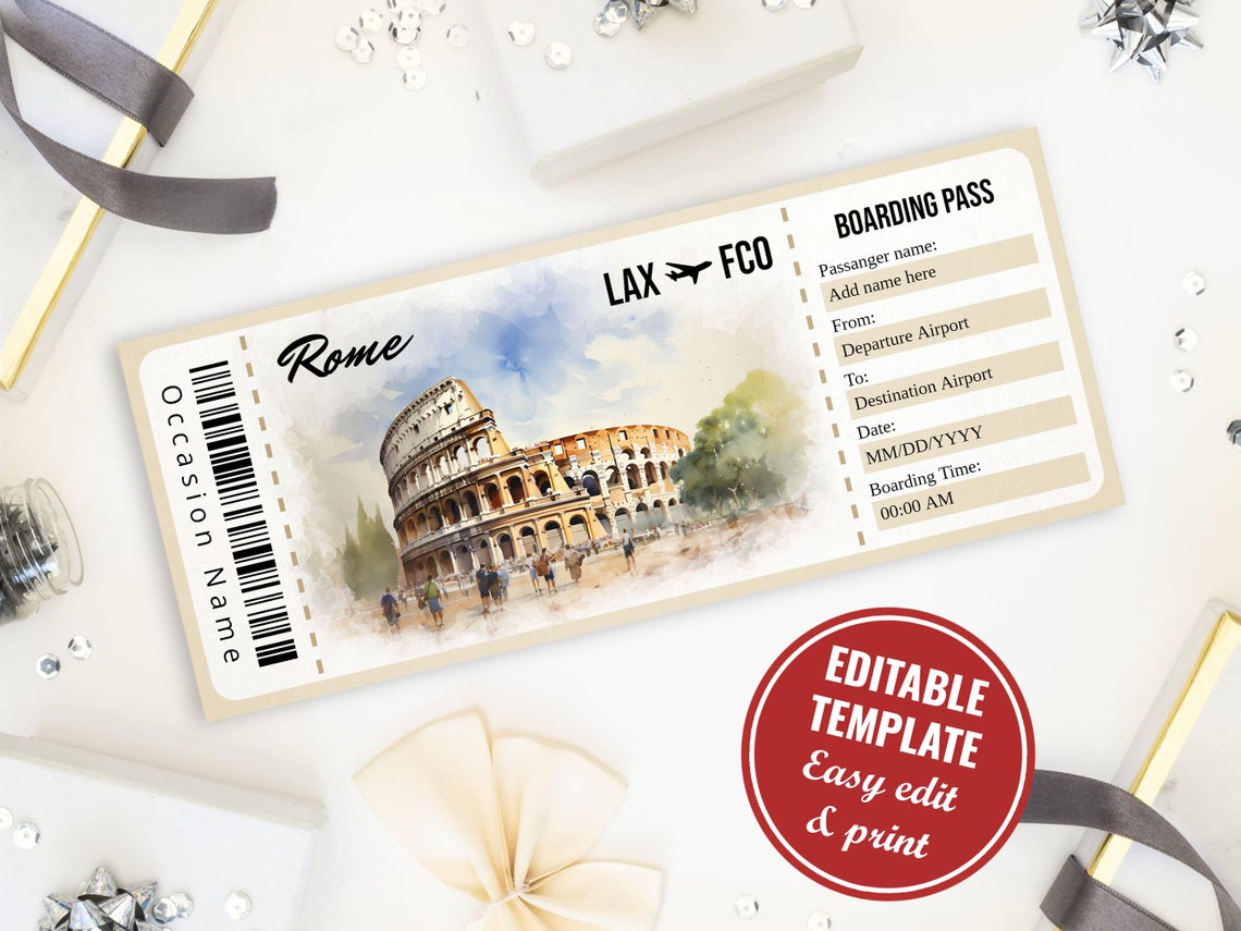 Rome Trip Editable Watercolor Boarding Pass Template Rome - Etsy