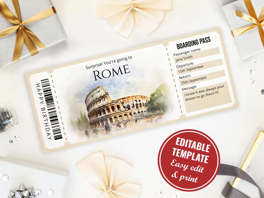 Editable Rome Boarding Pass Template, Surprise Rome Trip Reveal Ticket ...