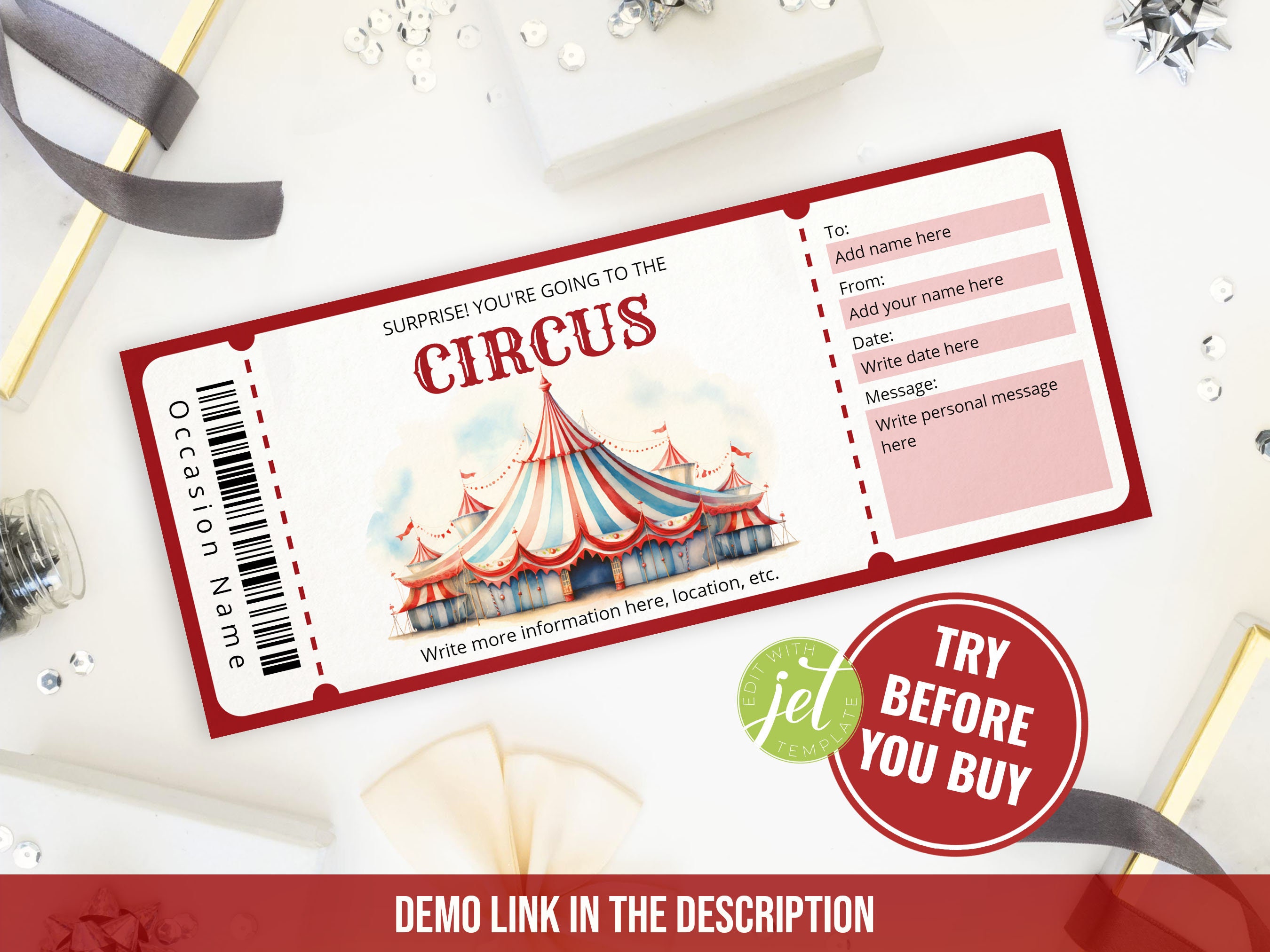 Surprise Circus Gift Certificate Template, Customizable and Printable ...