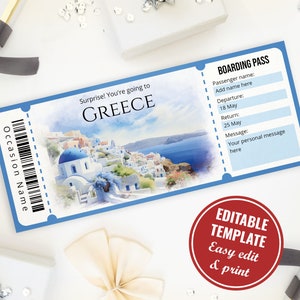 Editable Greece Boarding Pass Template, Watercolor Surprise Greece Trip ...