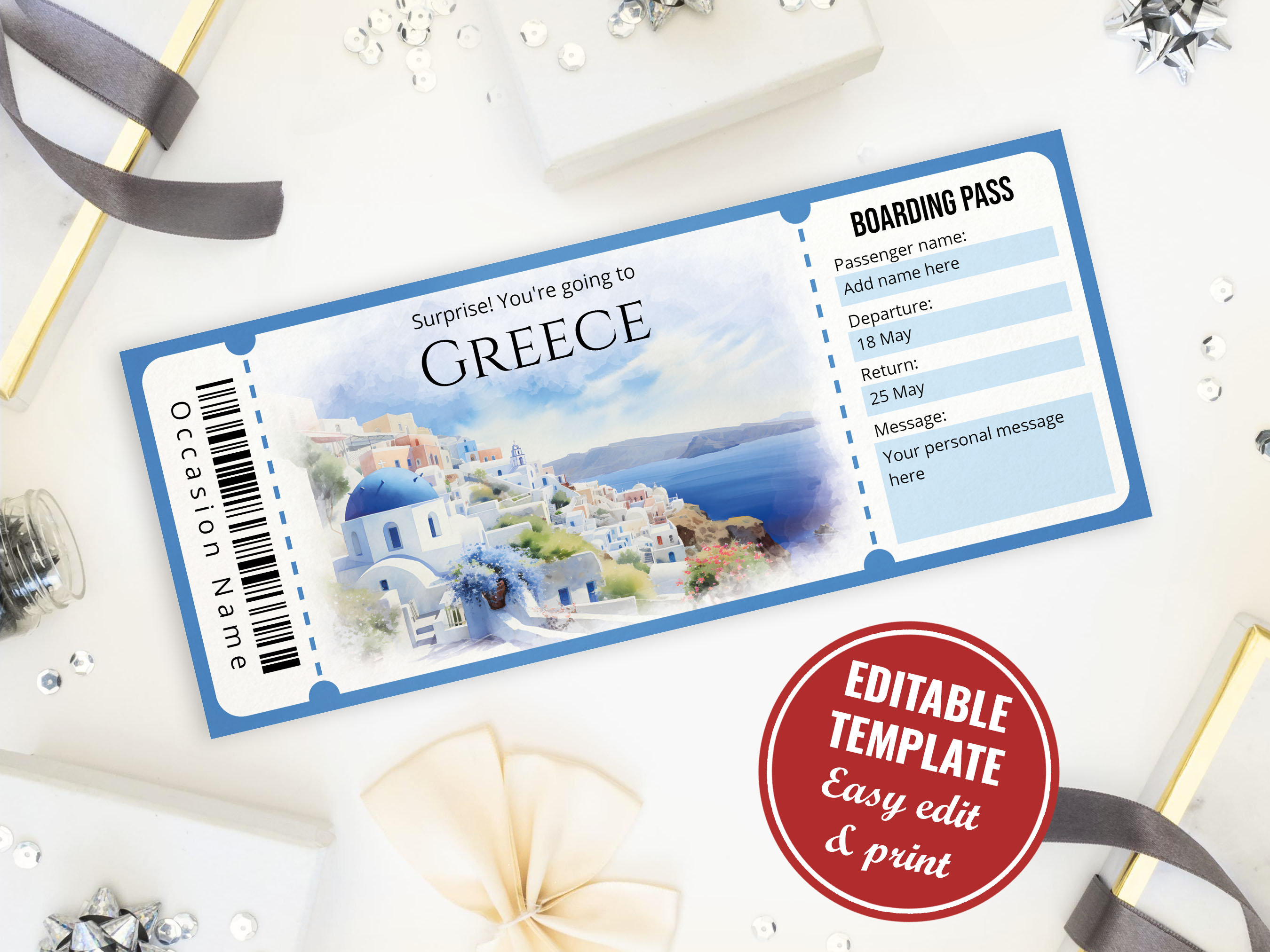 Editable Greece Boarding Pass Template, Watercolor Surprise Greece Trip ...