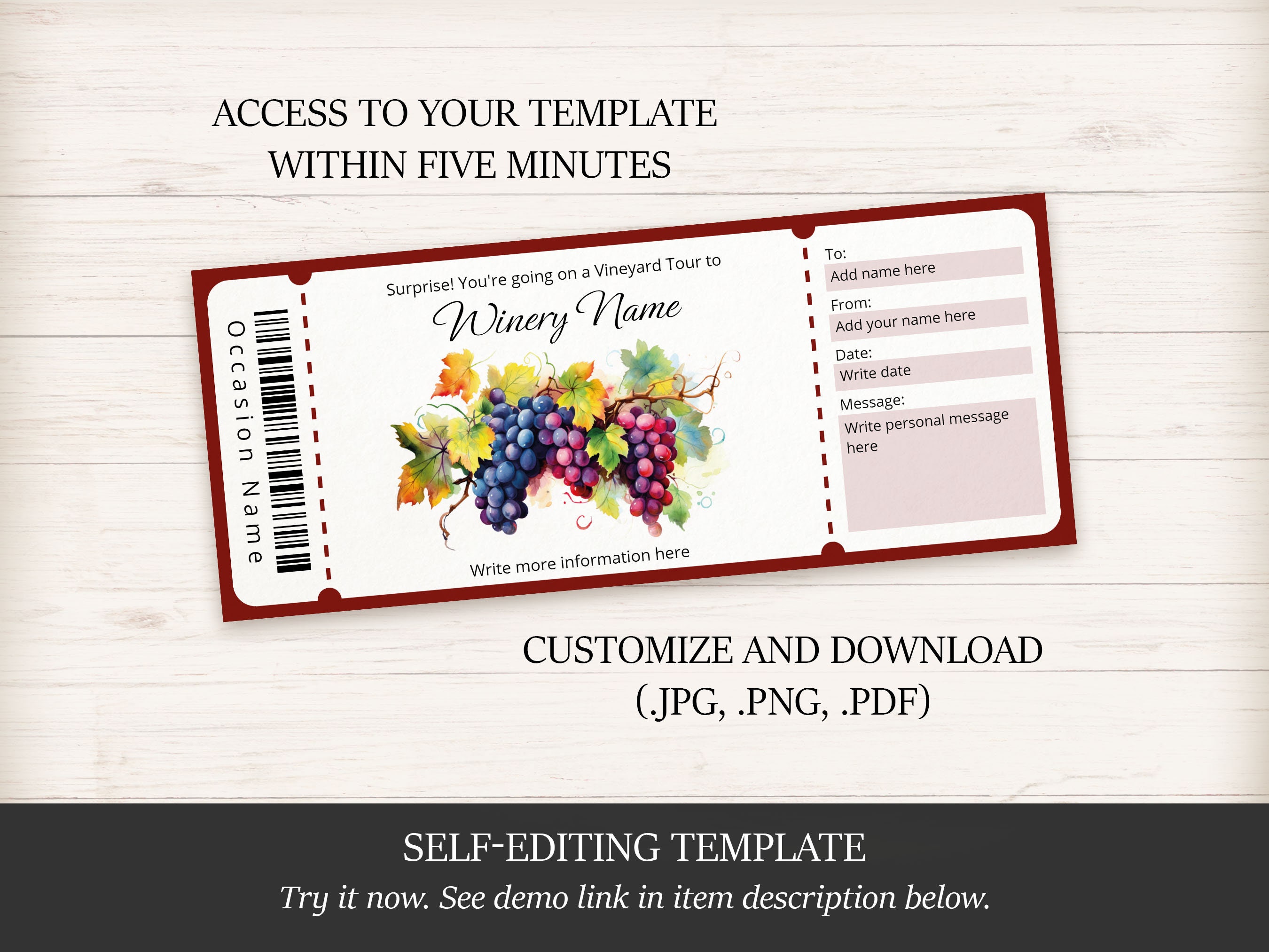 Editable Watercolor Vineyard Tour Gift Certificate Template - Perfect ...