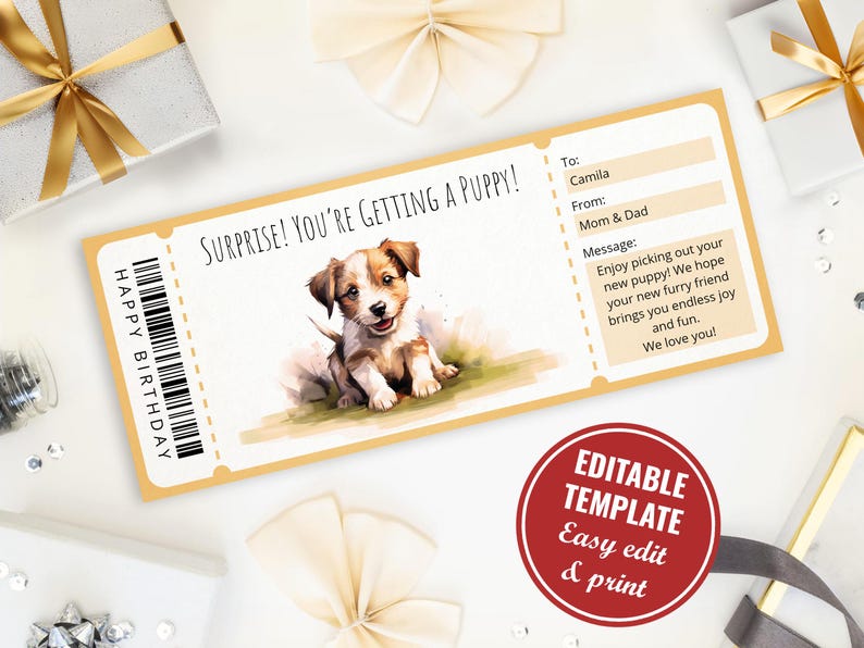 Editable Puppy Gift Certificate Template for Dog Lover, Personalized ...