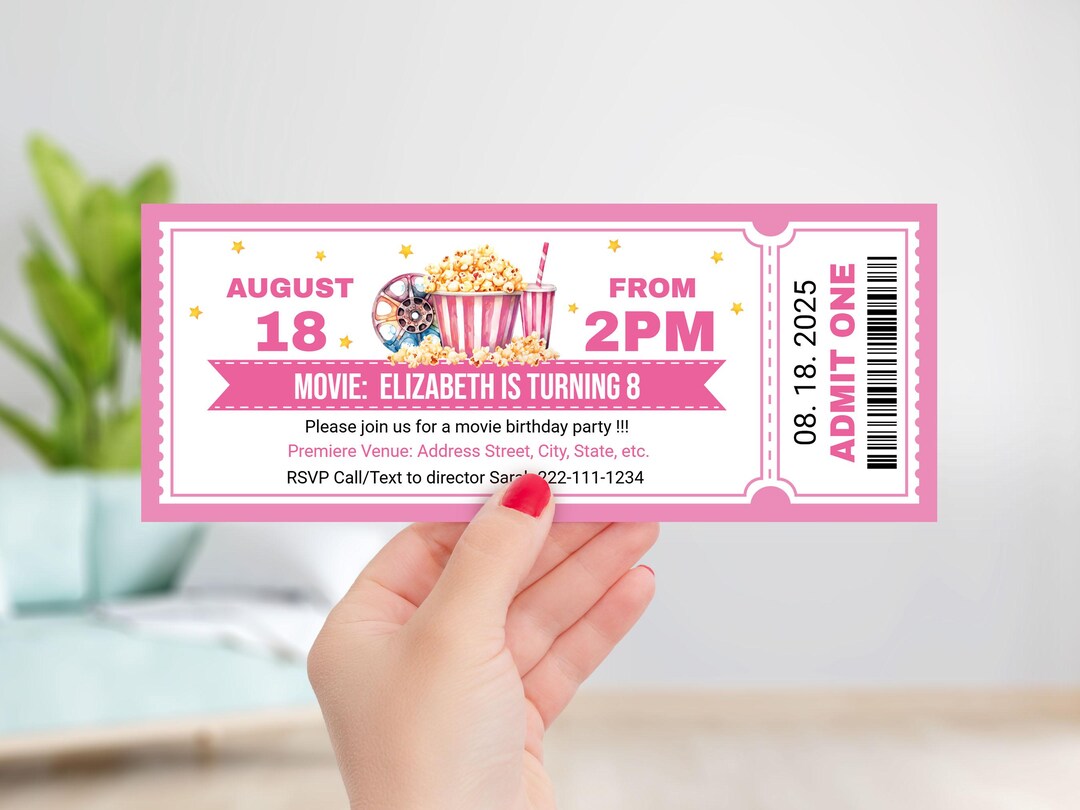 Editable Movie Ticket Birthday Invitation Template, Digital PINK Movie ...