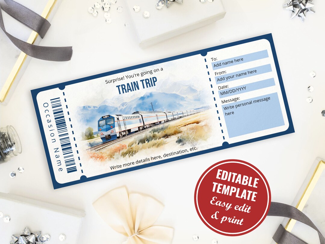 Editable Watercolor Train Ticket Template, Railway Ticket Surprise Gift ...
