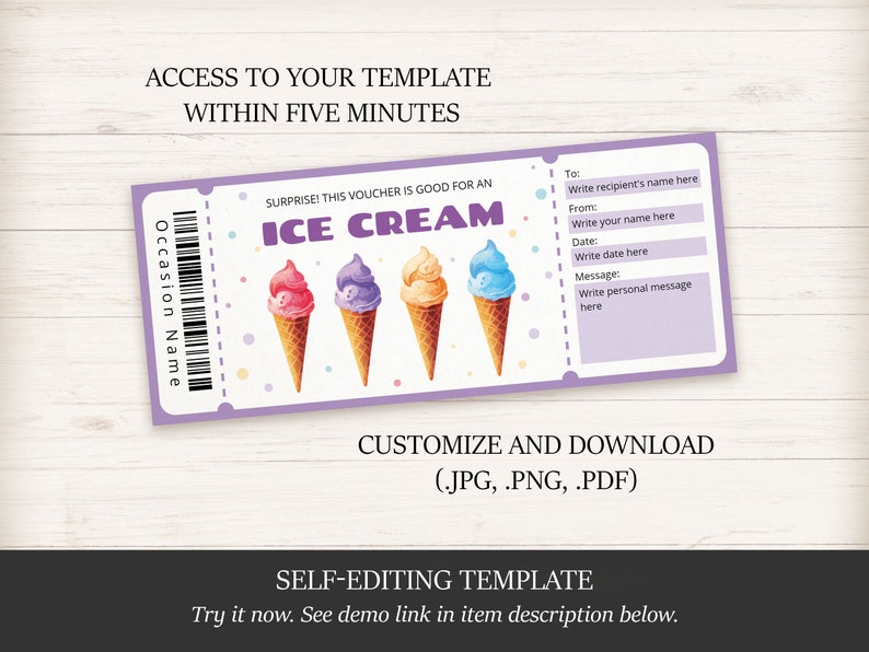 Editable Ice Cream Gift Certificate Template, Printable Sundae Lover ...