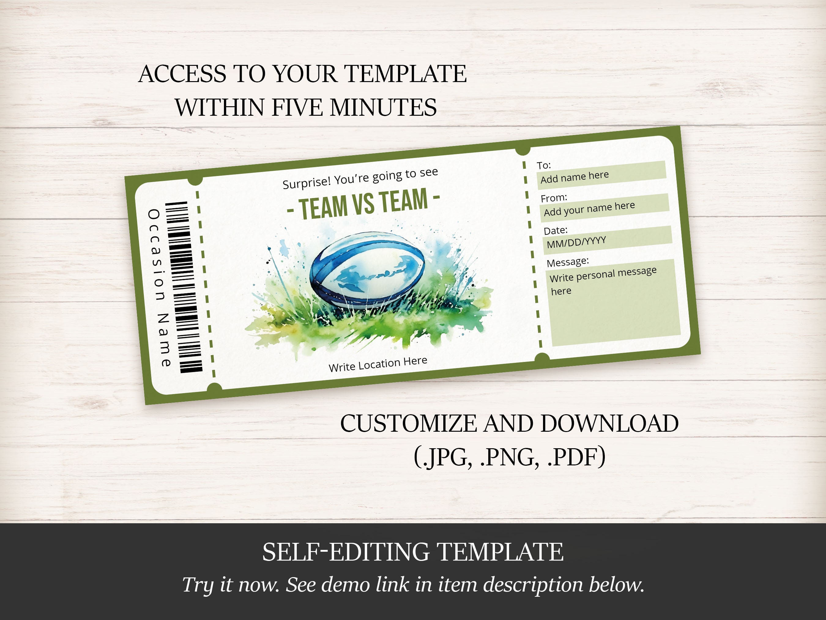 Surprise Rugby Game Ticket Template, Customizable and Printable Rugby ...