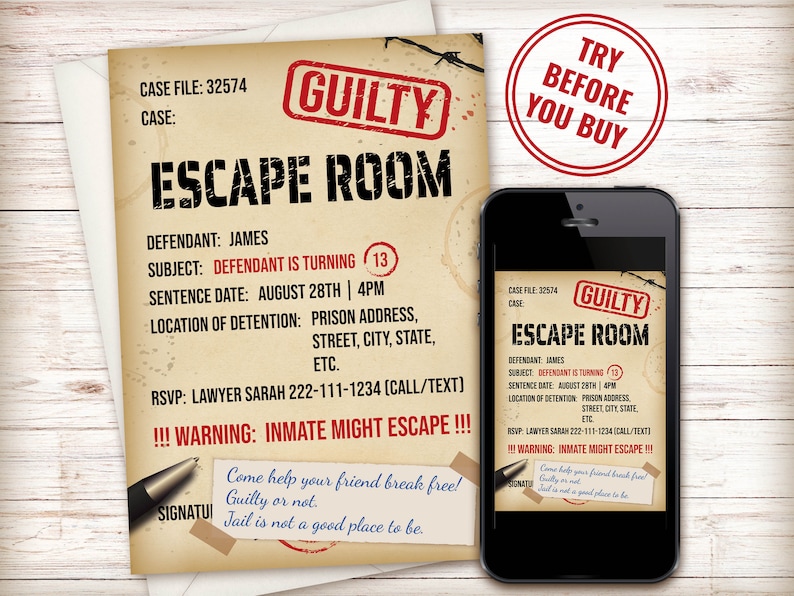 Jail Breakout Escape Room Birthday Invitation, Editable Prison Breakout ...