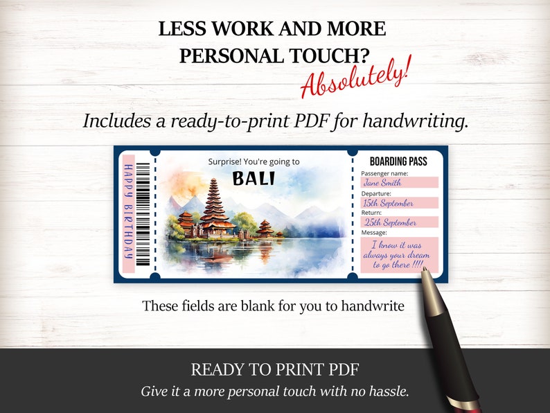 Printable Bali Boarding Pass Template, Personalized Editable Surprise ...