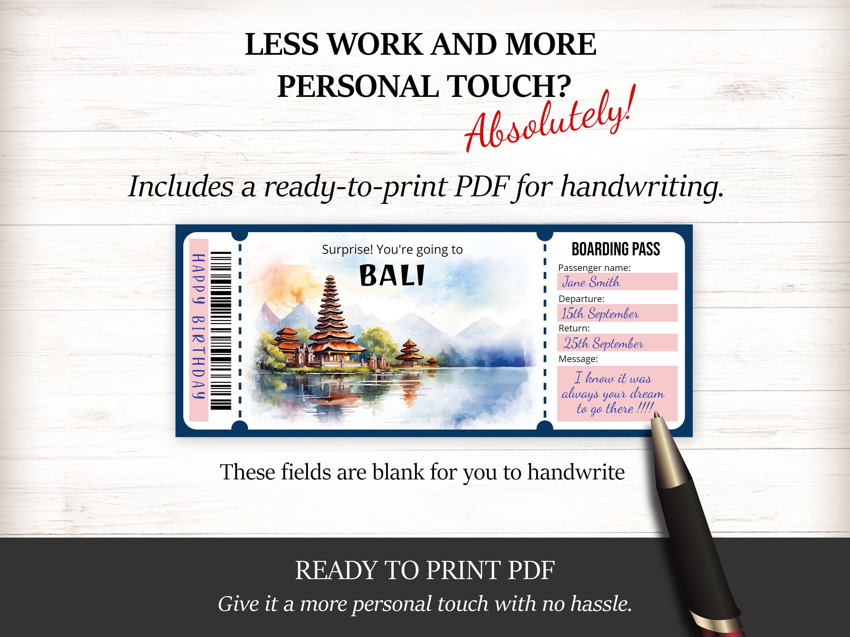 Printable Bali Boarding Pass Template, Personalized Editable Surprise ...