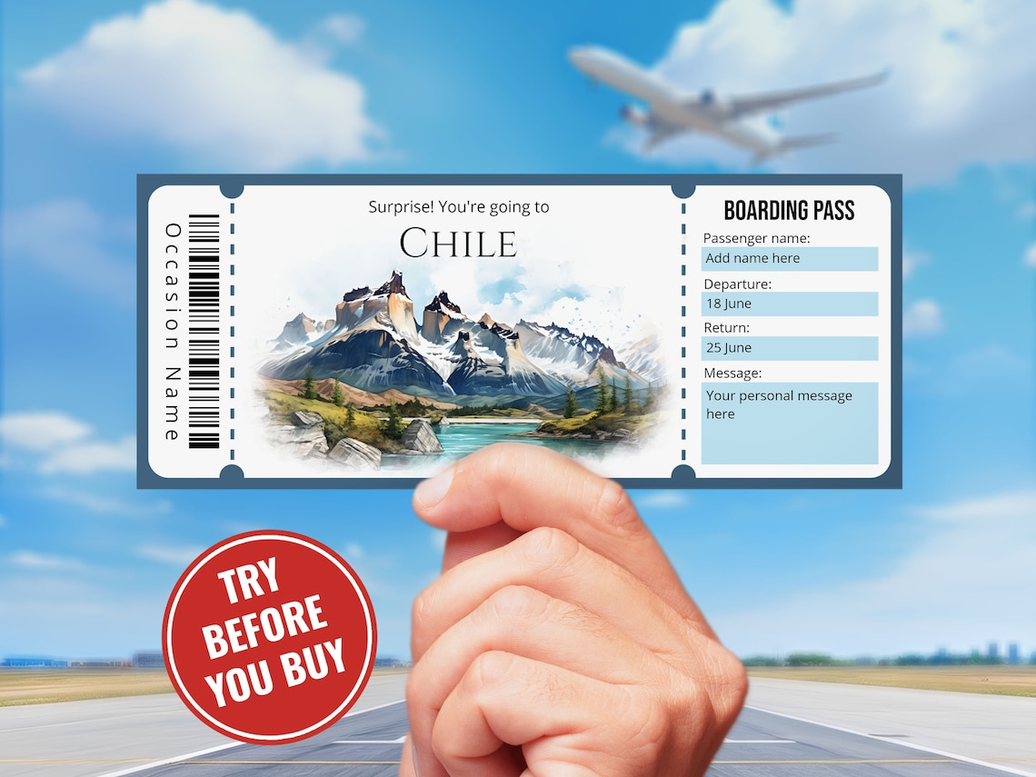 Editable Chile Boarding Pass Template Watercolor Surprise - Etsy