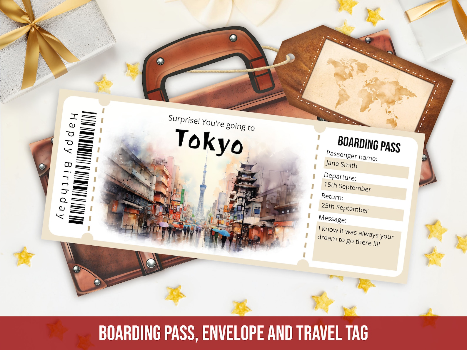 Editable Tokyo Boarding Pass Template, Printable Watercolor Custom ...
