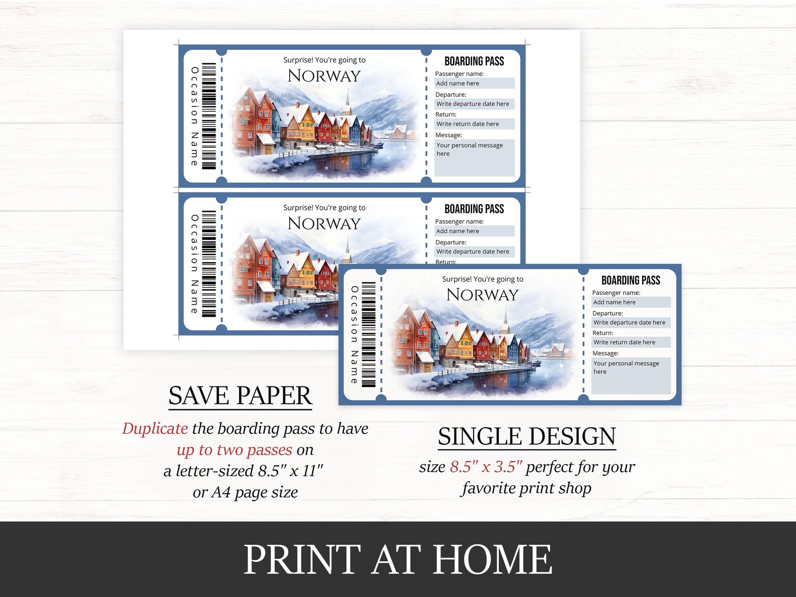 Editable Norway Boarding Ticket Template, Watercolor Surprise Norway ...