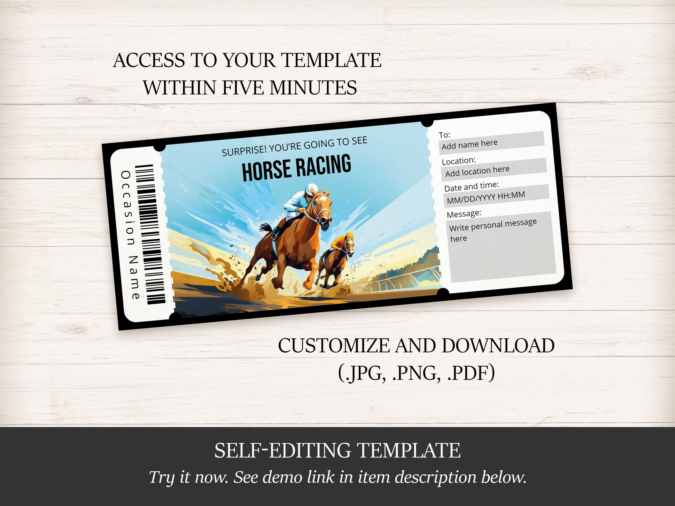 Surprise Horse Racing Ticket Template, Customizable and Printable Horse ...