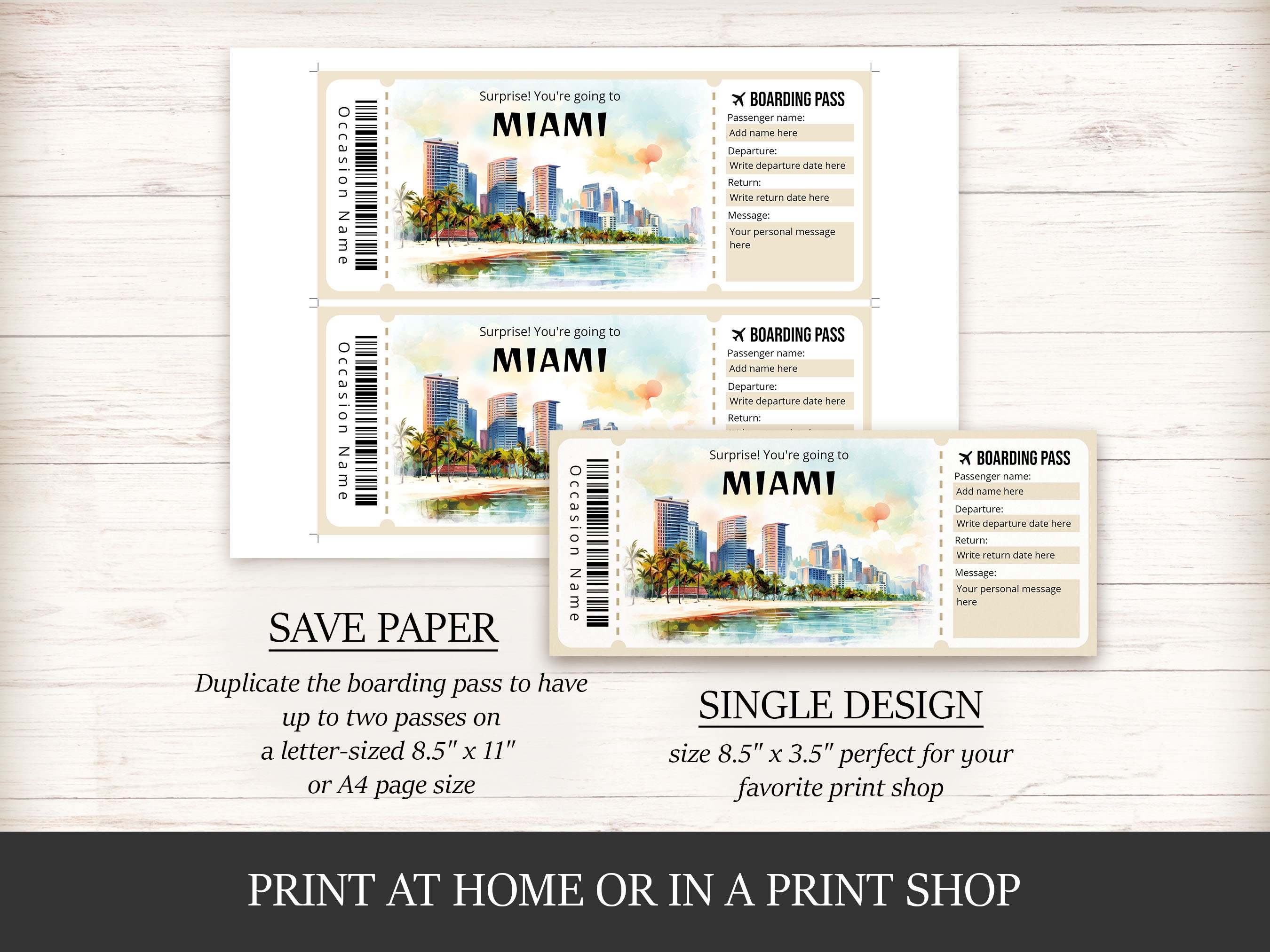 Editable Miami Boarding Pass Template, Personalized Gift, Printable ...