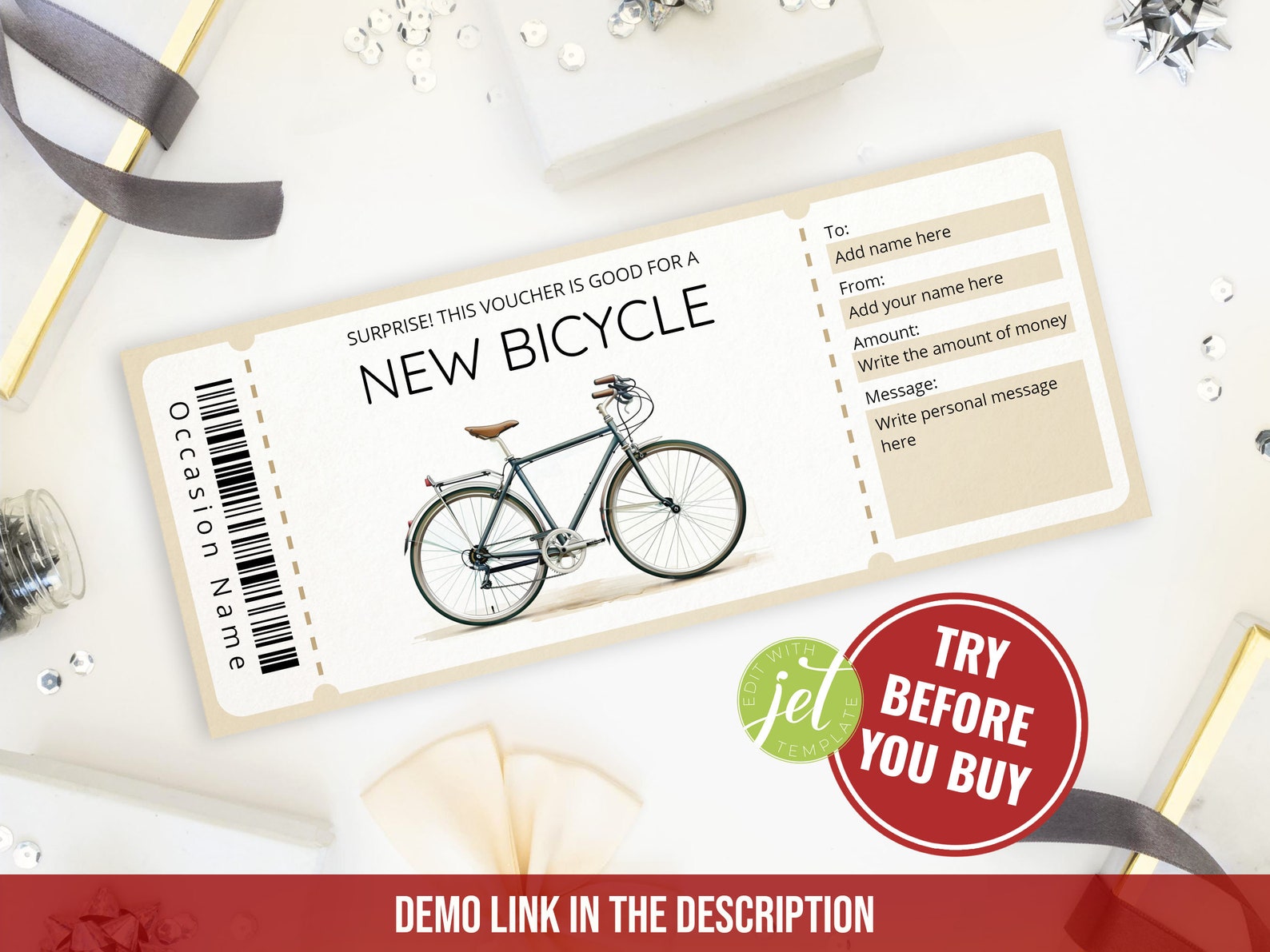 Editable New Bicycle Gift Voucher Personalized Template, Surprise ...
