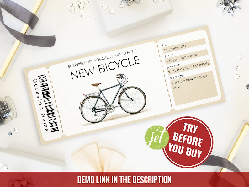 Editable New Bicycle Gift Voucher Personalized Template, Surprise ...