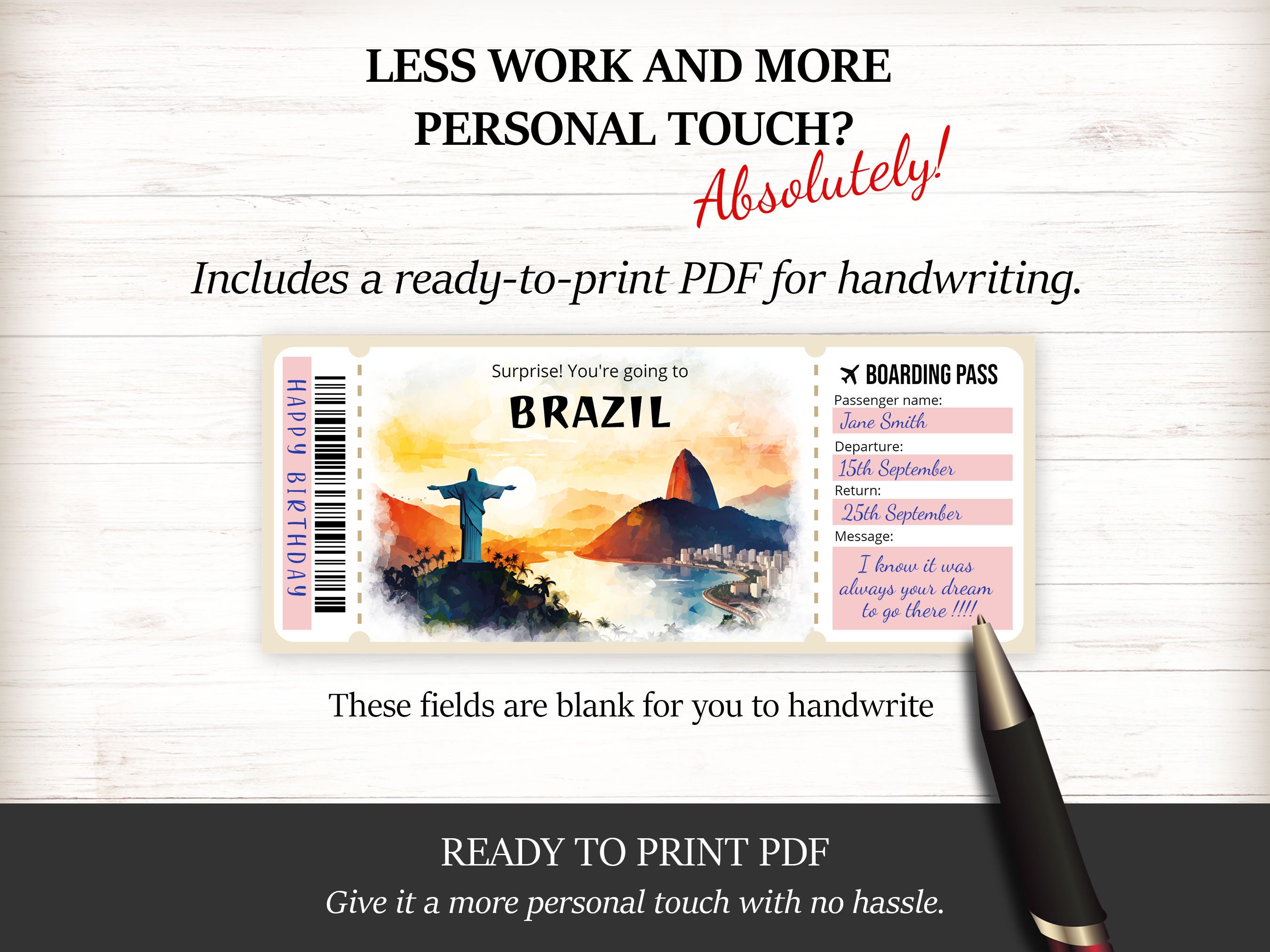 Editable Brazil Boarding Pass Template, Personalized Gift Printable ...