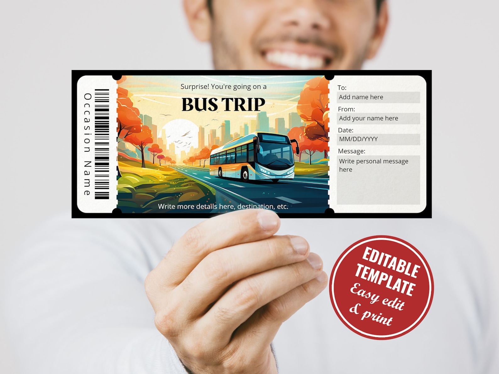 Editable Bus Ticket Template, Coach Ticket Surprise Gift Voucher Reveal ...