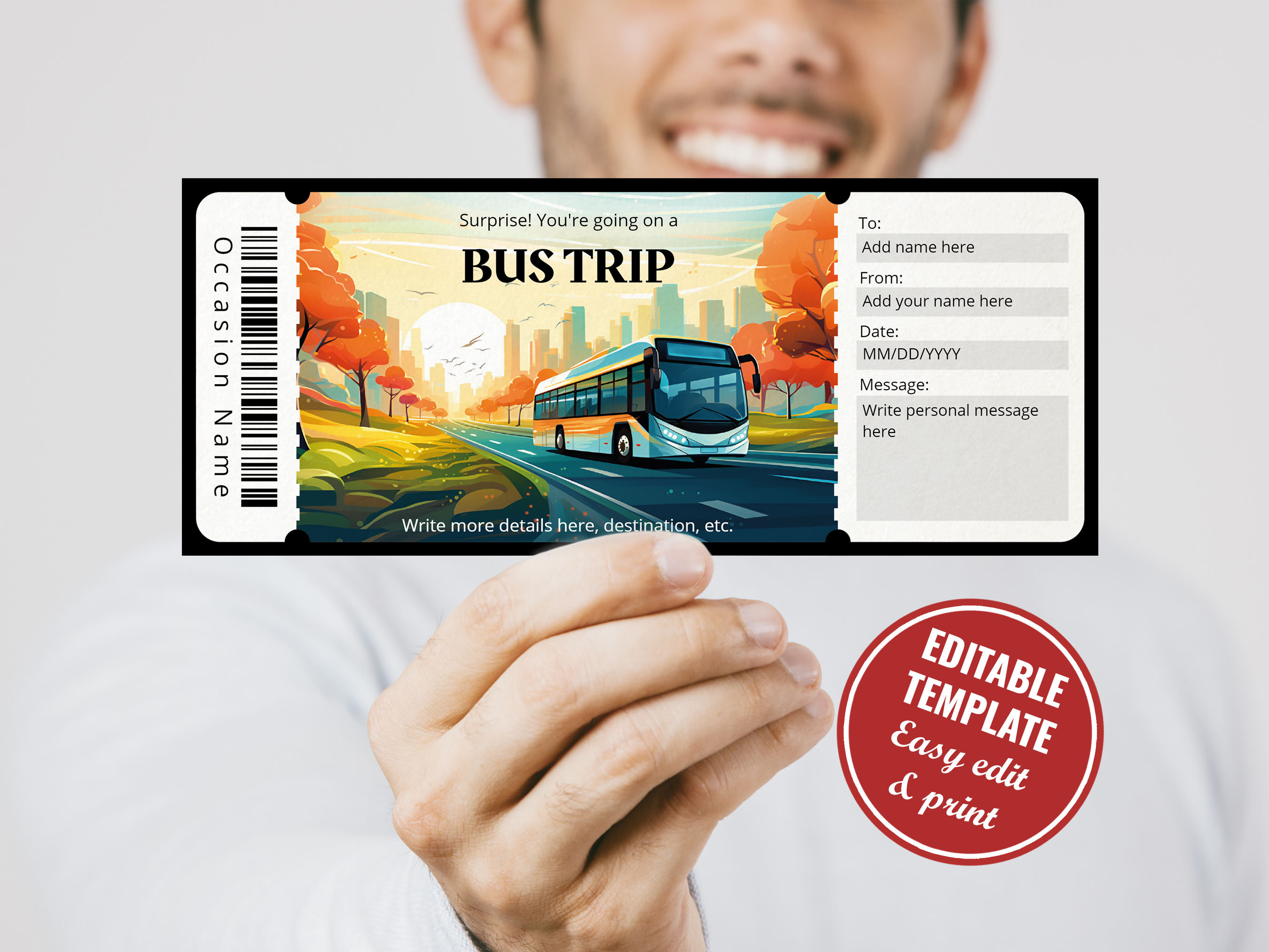 Editable Bus Ticket Template, Coach Ticket Surprise Gift Voucher Reveal ...