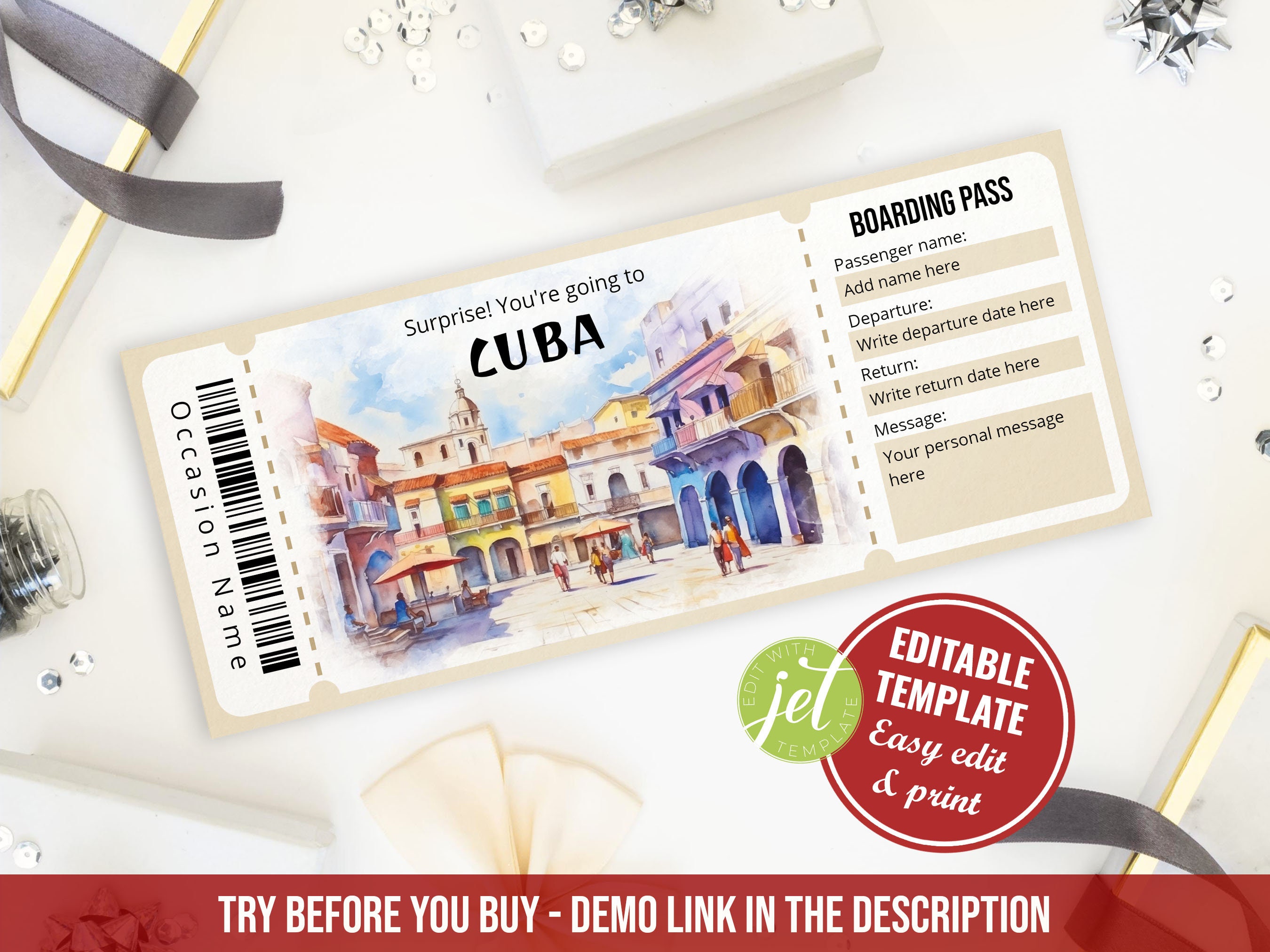Printable Cuba Boarding Pass Template, Personalized Editable Surprise ...