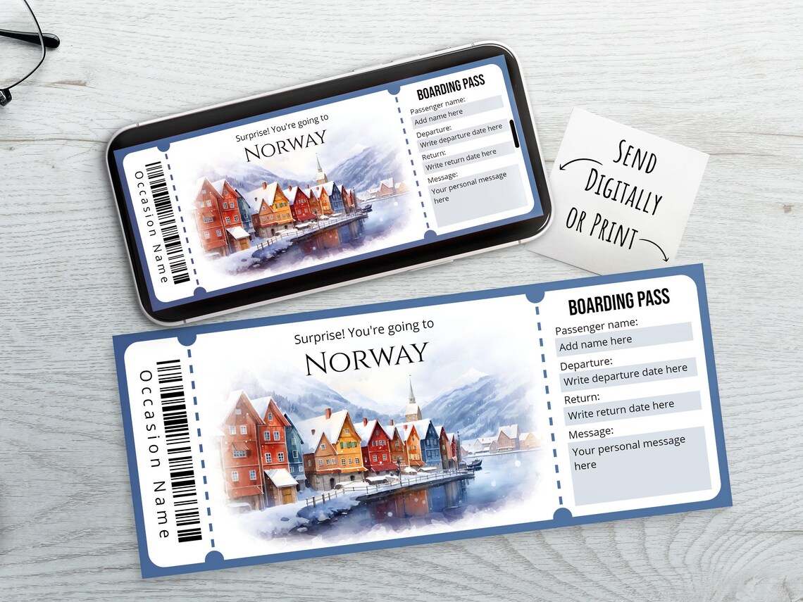 Editable Norway Boarding Ticket Template, Watercolor Surprise Norway ...