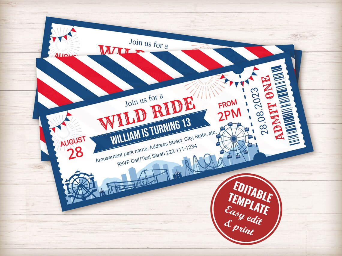 Amusement Park Ticket Invitation Template, Editable Carnival Theme ...