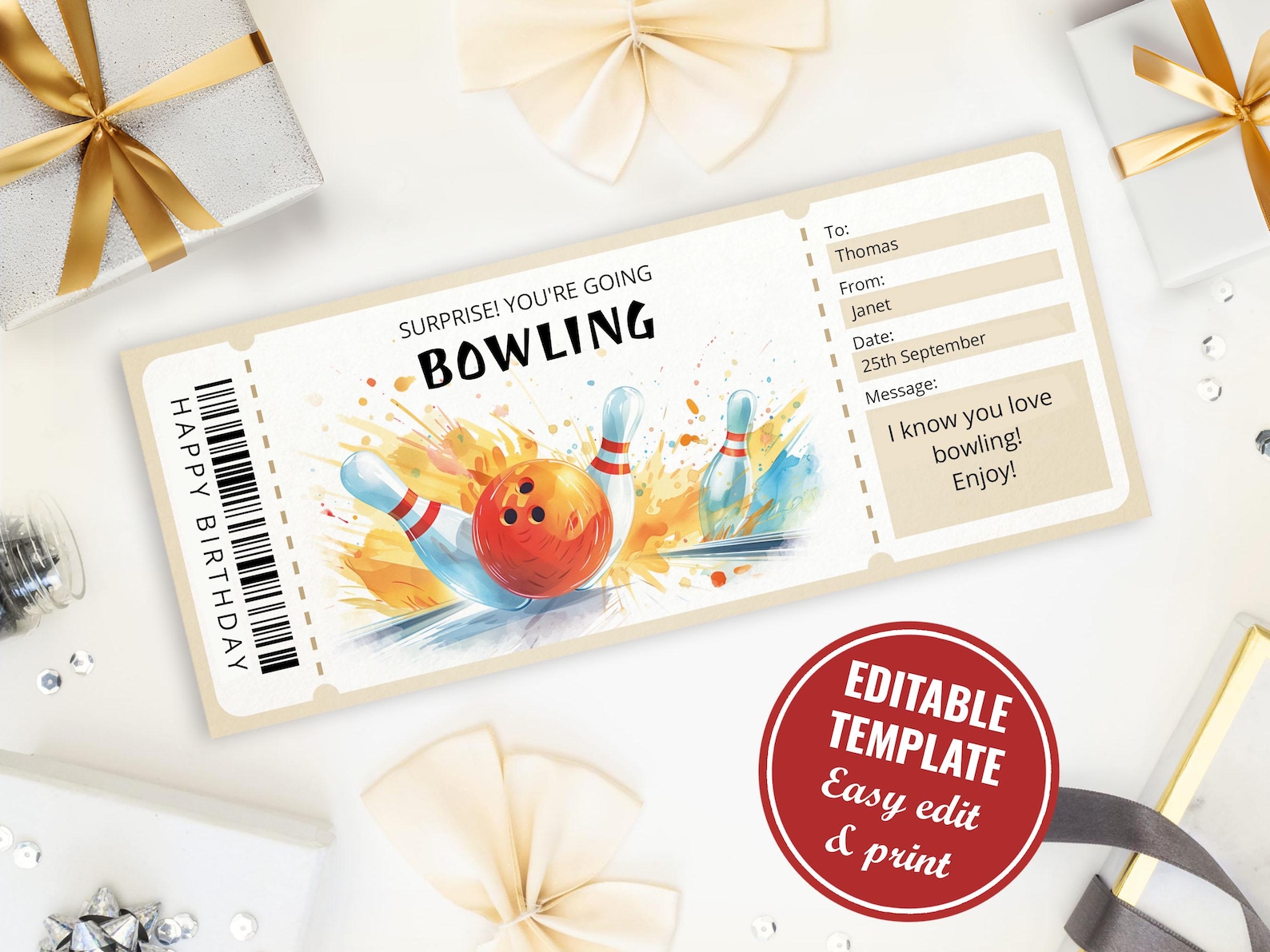 Editable Bowling Gift Certificate Template for Bowling Lover, Printable ...