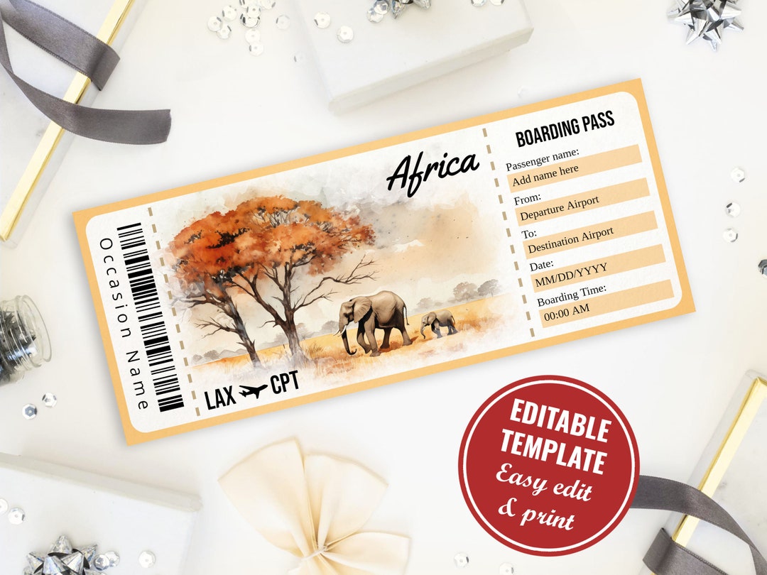 Africa Trip Editable Watercolor Boarding Pass Template, Safari Ticket ...