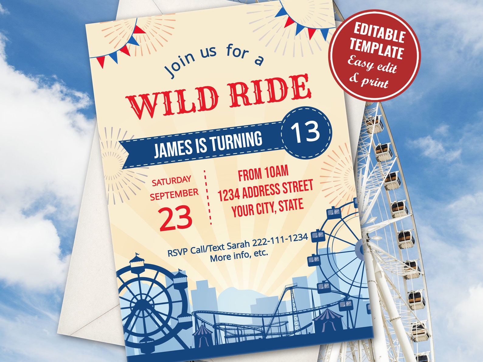 Amusement Park Birthday Party Invitation Template, Editable Birthday ...