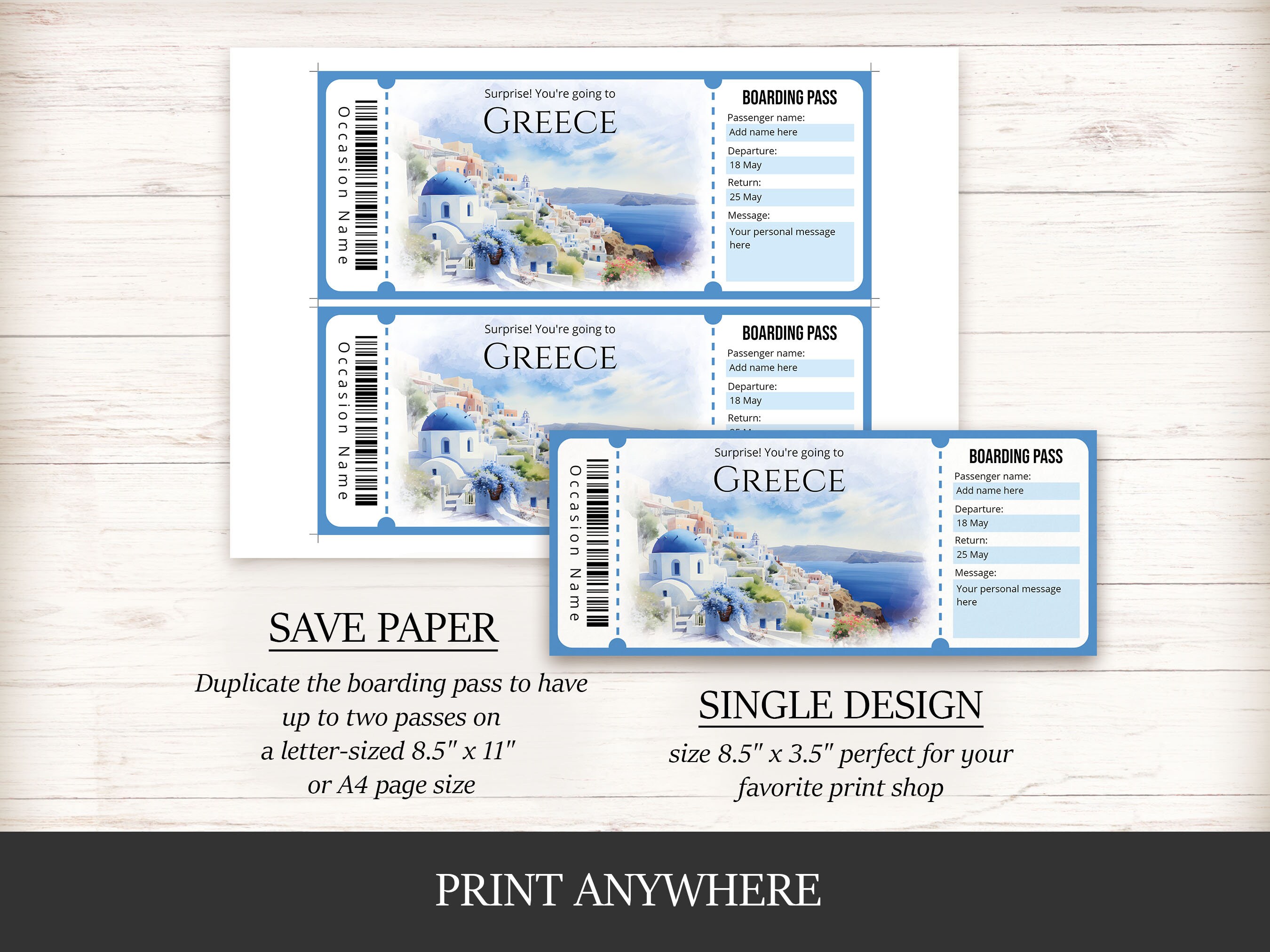 Editable Greece Boarding Pass Template, Watercolor Surprise Greece Trip ...