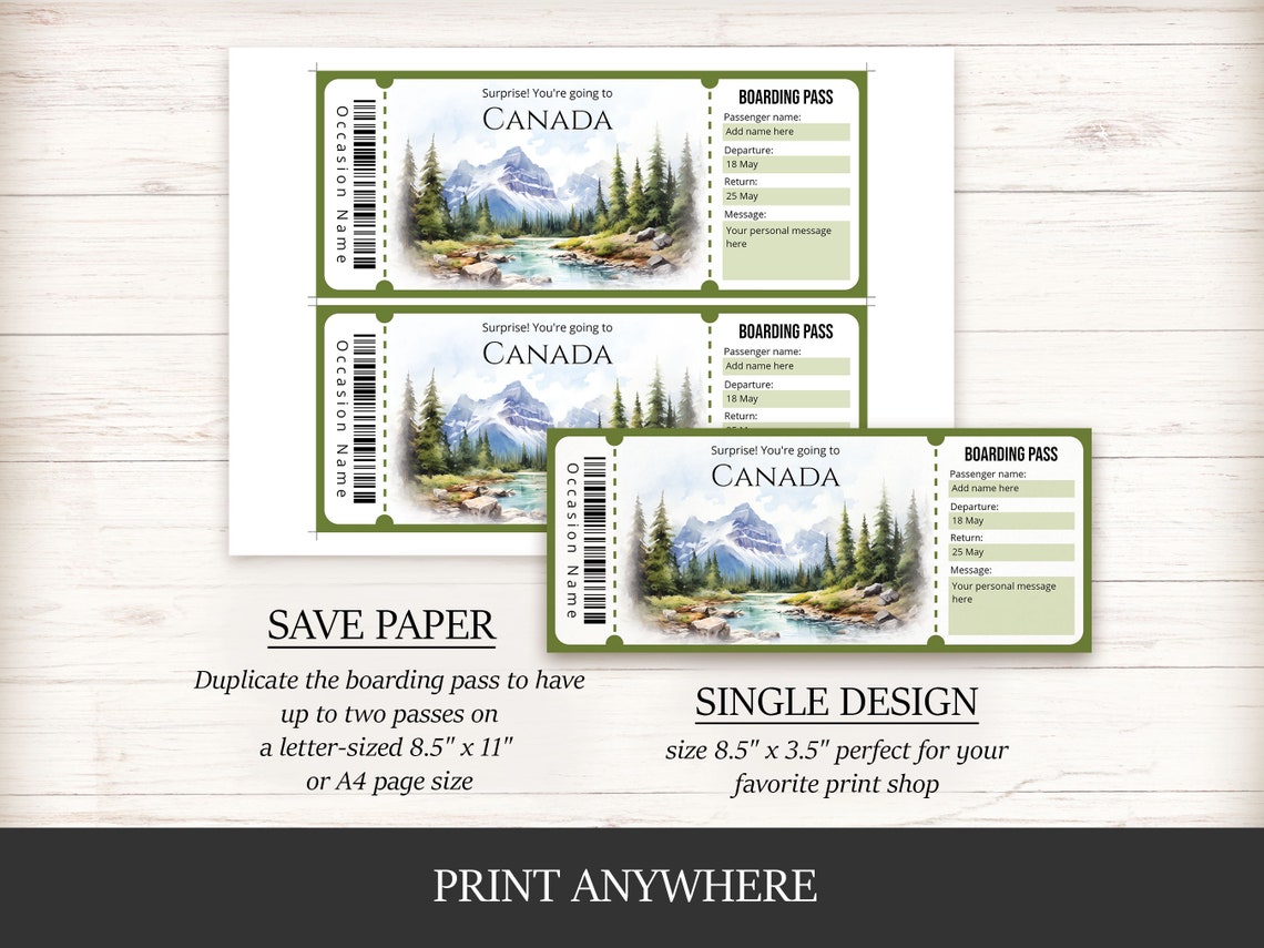 Editable Canada Boarding Pass Template, Watercolor Surprise Canada Trip ...
