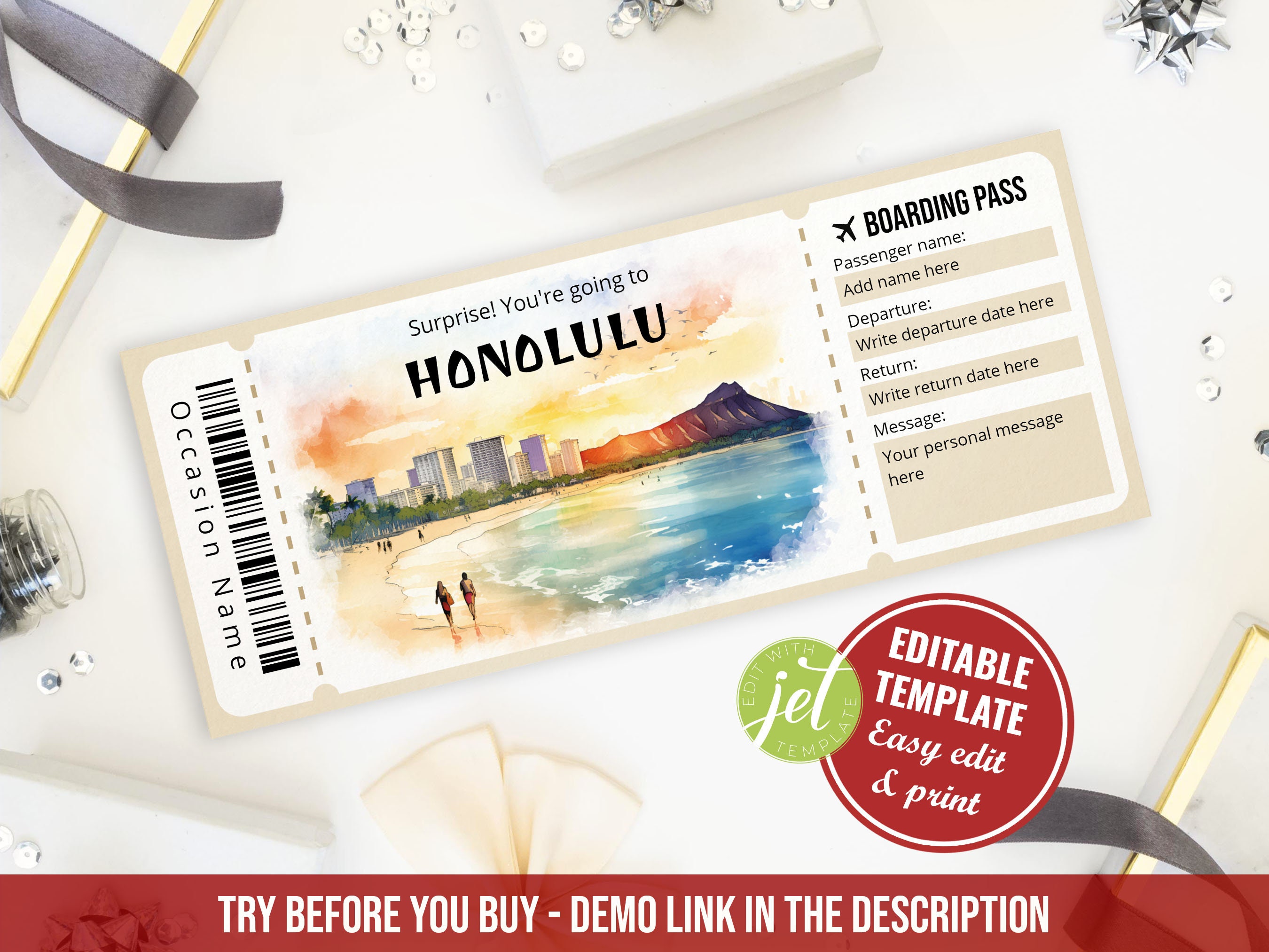 Editable Honolulu Boarding Pass Template, Printable Honolulu Hawaii ...