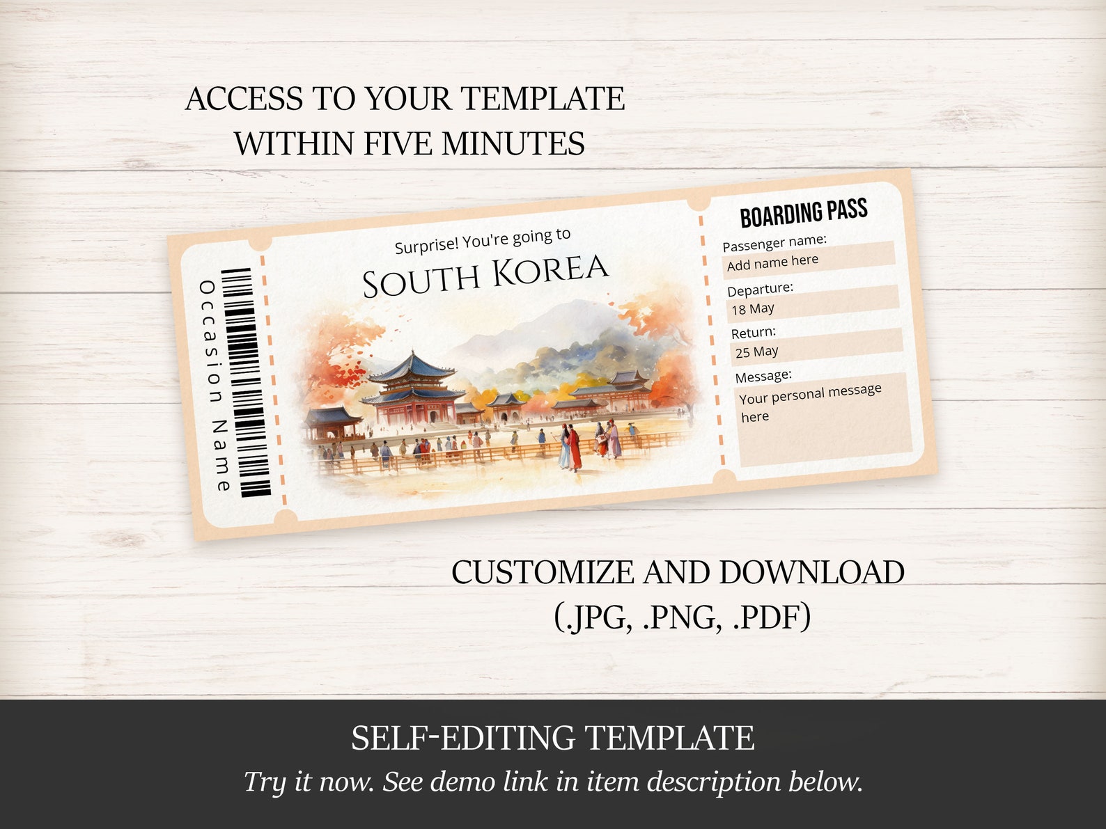 Editable South Korea Boarding Pass Template Watercolor - Etsy