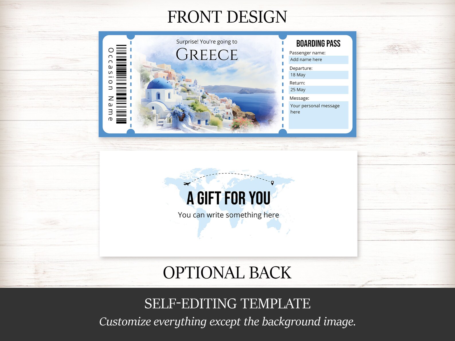 Editable Greece Boarding Pass Template, Watercolor Surprise Greece Trip ...