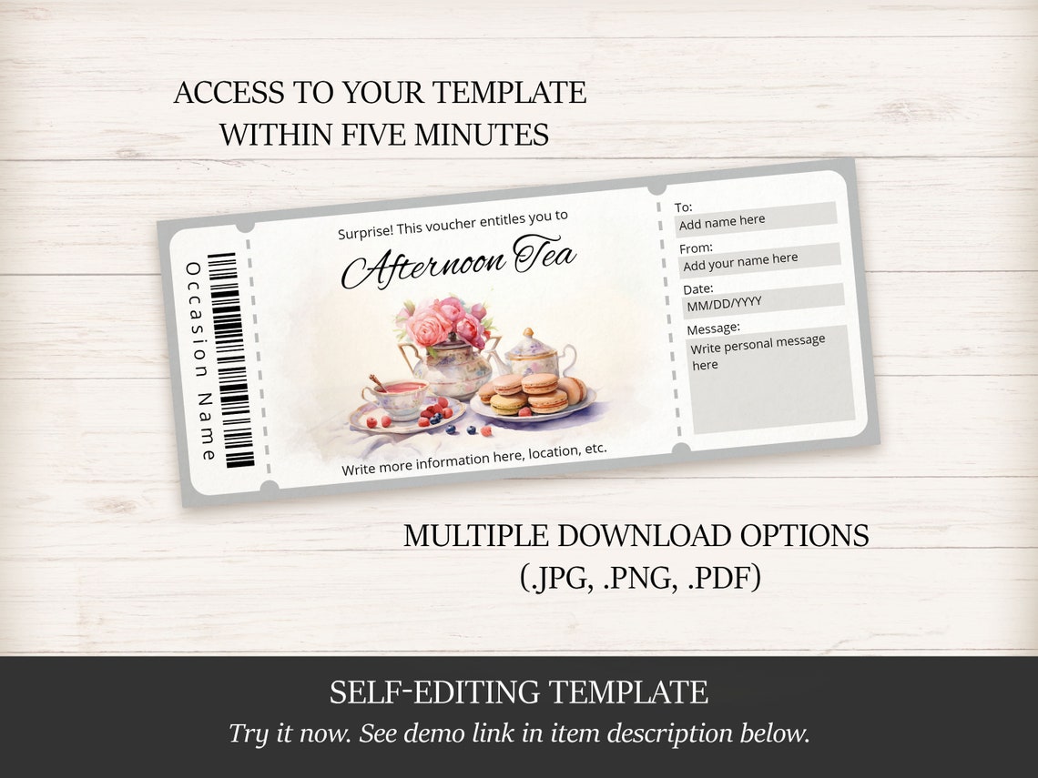 Editable Watercolor Afternoon Tea Voucher Template, Surprise Reveal ...